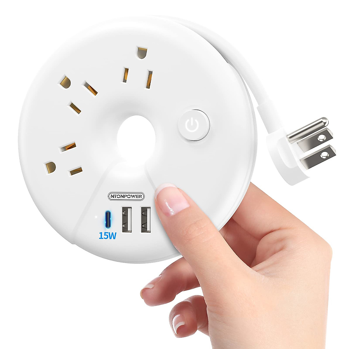 NTONPOWER Travel Power Strip with 3 USB Ports(1 USB C), 3 Outlets,i-Donut Power Strip Flat Plug Extension Cord 1ft Portable Power Strip for Cruise Ship Hotel, Airport,White