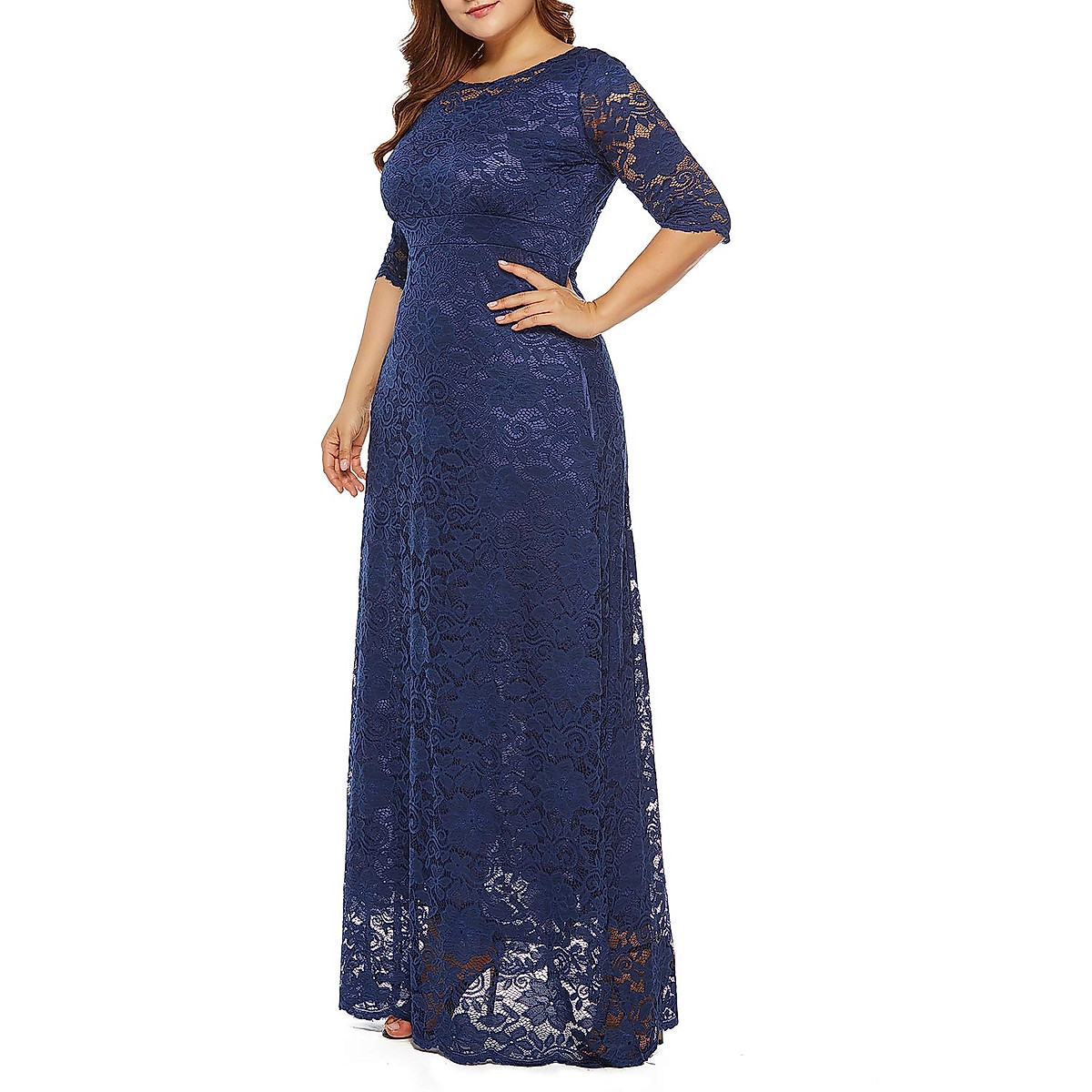 Eternatastic Womens Floral Lace 2/3 Sleeves Maxi Dress Evening Party Long Dress 4XL Deep Blue