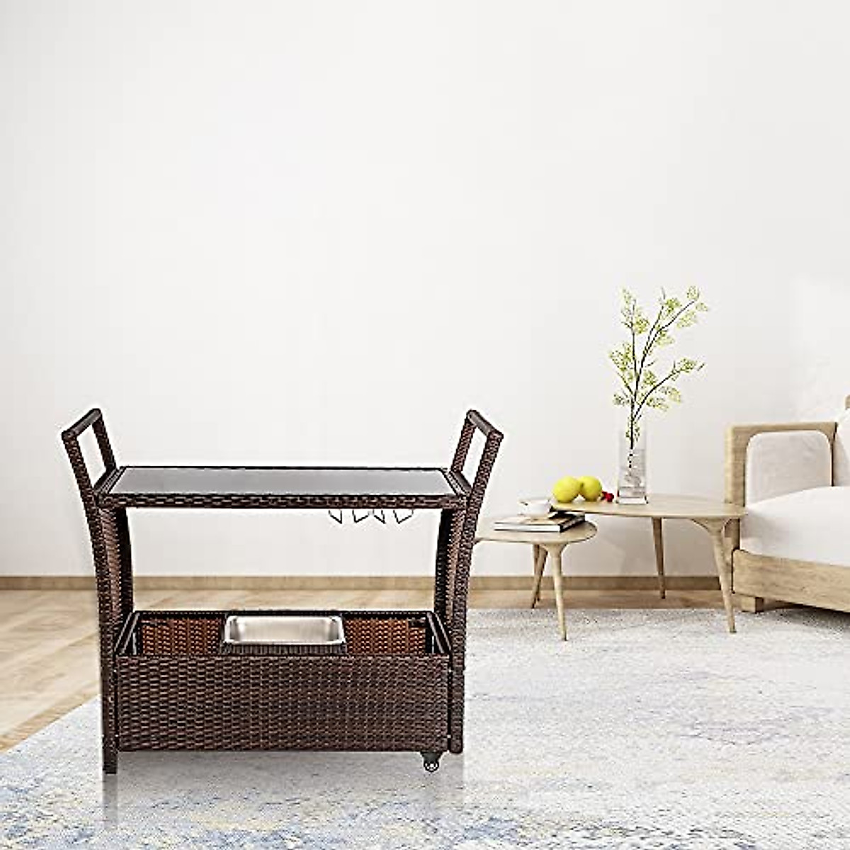 LIRUXUN Outdoor Patio Furniture Set Outdoor Patio Wicker Rattan Serving Bar Cart with Ice Bucket Wine Rack Brown