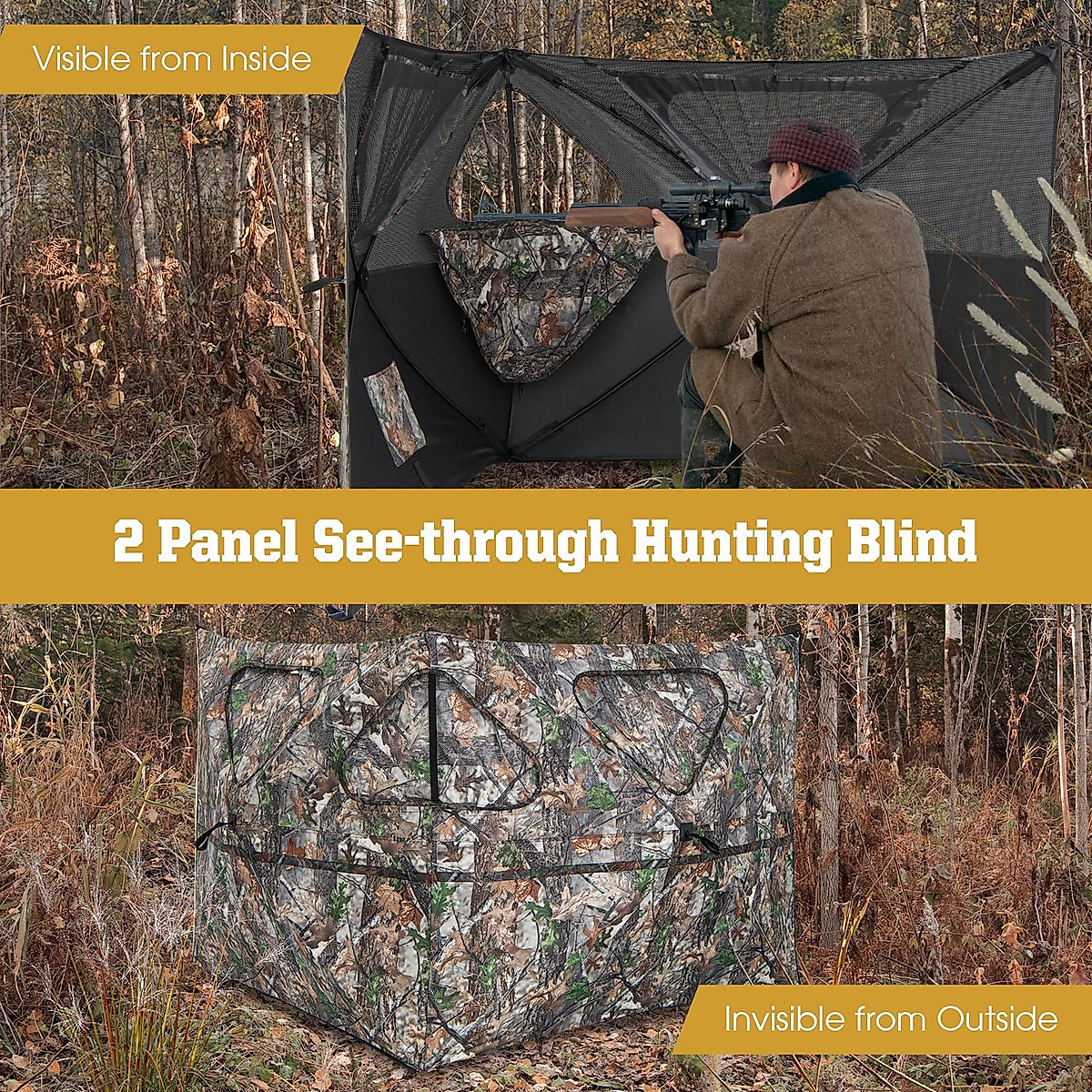Tangkula 2-Panel Stakeout Hunting Blind, See Through Ground Blind with 3 Shoot Through Ports & 2 Storage Pockets, Portable Pop Up Deer Blind with Carrying Bag for Turkey & Deer Hunting (2-Panel)