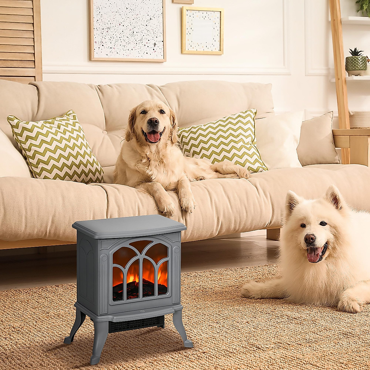 HOMCOM 17" Freestanding Electric Fireplace Stove, Fire Place Heater with Realistic Logs and Flame Effect and Overheat Protection, 750W/1500W, Gray