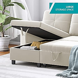 BALUS L-Shape Reversible Dutch Velvet Sleeper Sectional Sofa with Storage Chaise, Pull Out Sofa Bed, Corner Couch with Arms for Living Room, Home Furniture, Apartment, Dorm (Beige)