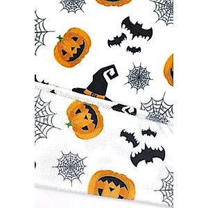 Haunted Halloween Throw Blanket: Spider Webs Witch's Hat Black Bats and Decorated Pumpkins Print on Soft Velvet Fleece Throw Blanket