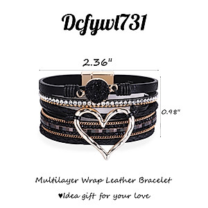 Dcfywl731 Multilayer Wrap Leather Bracelet Heart Modern Boho Bracelet Clasp Cuff Rhinestone Leather Bracelets for Women (Black)