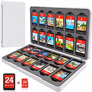 CYKOARMOR Switch Game Card Case Holder - Storage 24 Games & 24 Micro SD Card, Case Organizer Cartridge for Nintendo Switch/OLED/Lite, Hard Shell, Magnetic Closure, Soft Rubber, Plaid Grey White