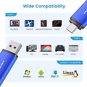 Vansuny 128GB USB Type-C Flash Drive 2-in-1 Dual Flash Drive USB A + USB C OTG Flash Drive for Android Smartphone Tablet Computer Laptop (Blue)