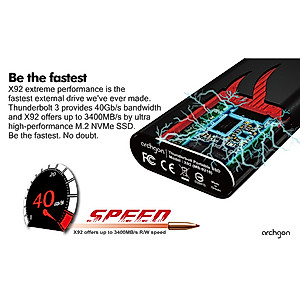 Archgon 1TB Thunderbolt 3 Certified Aluminum External SSD Portable M.2 PCIe NVMe Solid State Drive with Dual Layer Heatsink Max. Speed up to Read 3400MB/s Model X92 (1TB, Black)