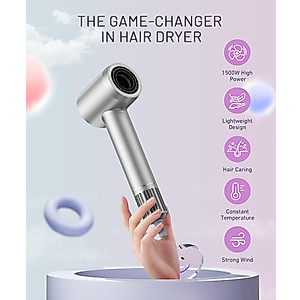 Hair Dryer - 150000 RPM High-Speed Brushless Motor Negative Ionic Blow Dryer for Fast Drying, Low Noise Thermo-Control Hair Dryer with Diffuser and Nozzle, Silvery