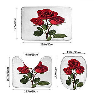 WONDERTIFY Dark Red Three Roses Bathroom Antiskid Pad Beautiful Bouquet Flower 3 Pieces Bathroom Rugs Set, Bath Mat+Contour+Toilet Lid Cover White