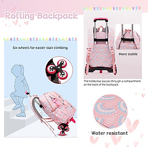 3Pcs Girls Rolling Backpack Kids Bookbag with Wheels Set Elementary Students Outdoors Trolley Schoolbag