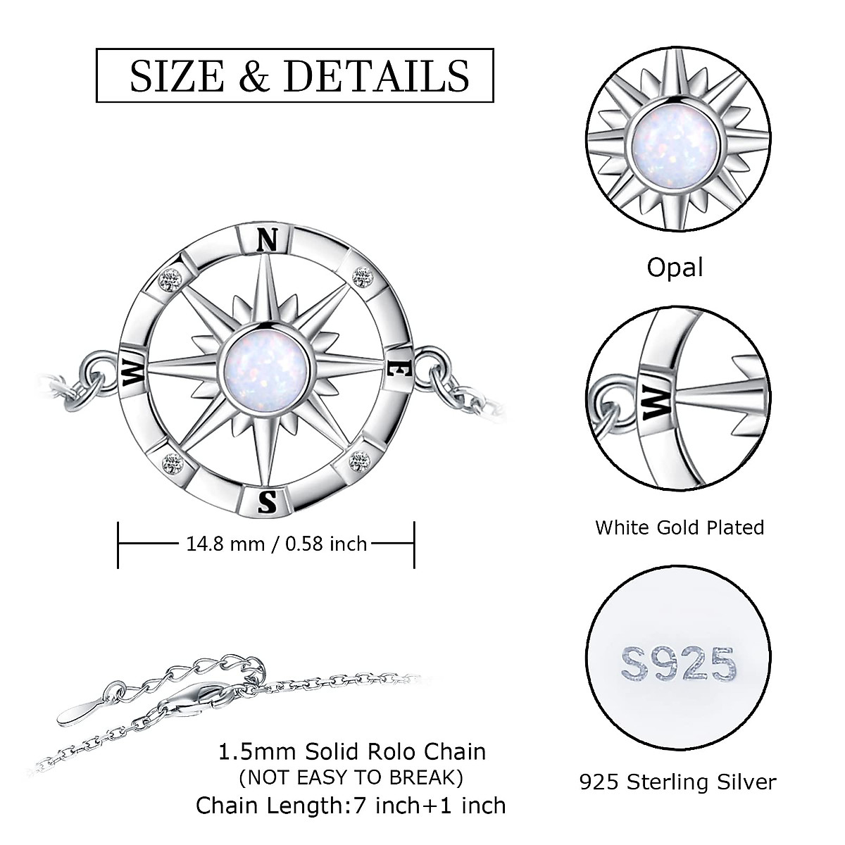 925-Sterling-Silver Opal/arrow/hollow/CZ Compass Necklace/bracelet for Women - Inspirational Nautical Dream Compass Pendant，White Gold Plated Necklaces Graduation Christmas Jewelry Gifts