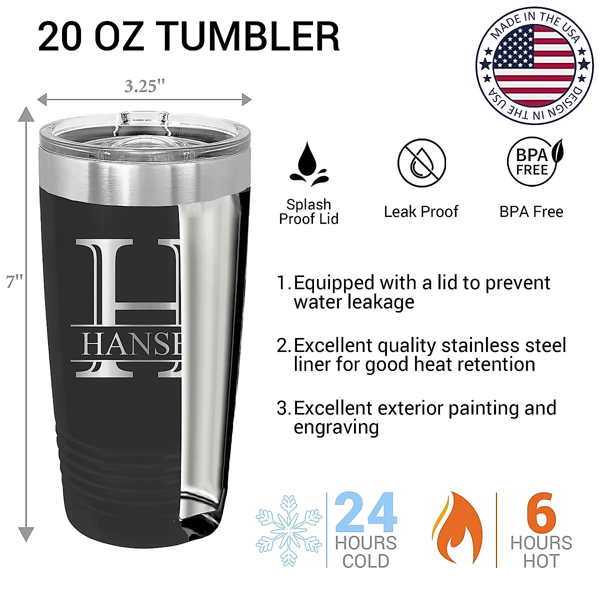 Personalized Tumbler with Engraved Name, Custom 20oz Stainless Steel Travel Mug with Lids, Monogrammed Gifts for Men with Initials, Double Wall Insulated, Unique Christmas Birthday Gift(Design 1)