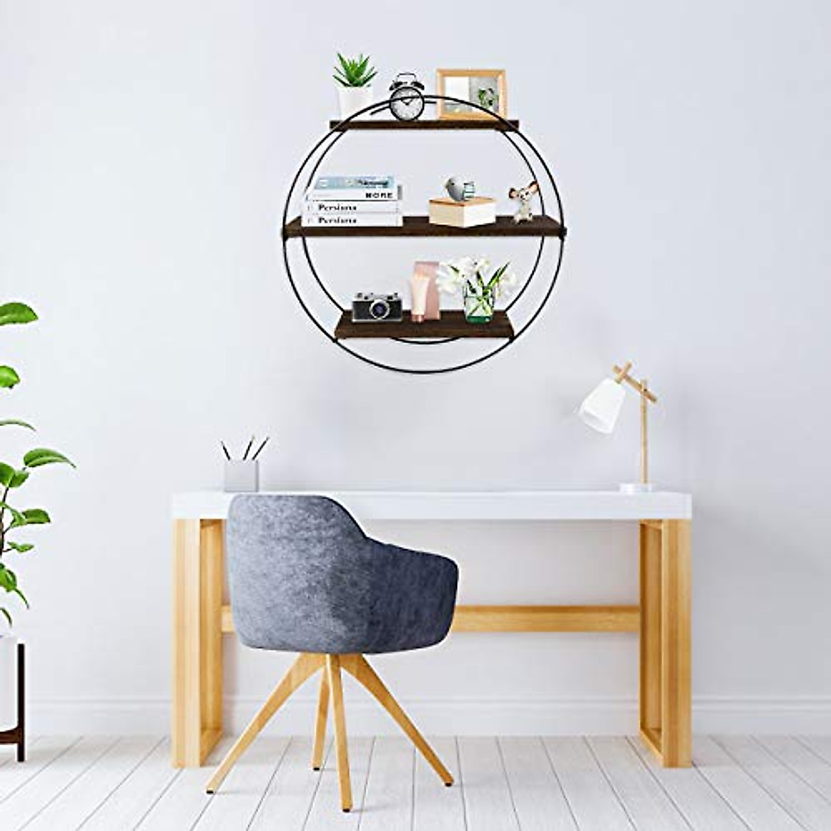 Befayoo Floating Shelves for Wall, Rustic Wood Geometric Style Decor Shelf for Bathroom Bedroom Living Room Kitchen Office (Round, Retro Brown)