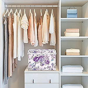 Kigai Collapsible Beautiful Purple Flowers Storage Basket with Lids and Handles,Storage Bins for Shelves Closet Bedroom,Office Storage