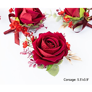YSOJMAN Corsage and Boutonniere Set for Groom Bride Groomsmen Bridesmaids Wedding Party Prom, Artificial Roses Flower Boutonniere for Men Wedding Mother Grandmother for Bridal Shower Prom (Burgundy)