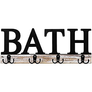 MyGift Wall Mounted Shabby Whitewashed Weathered Wood and Black Metal Bathroom Towel Rack - Bath Cutout Design Hanging Bath Towels Organizer with 4 Double Hooks