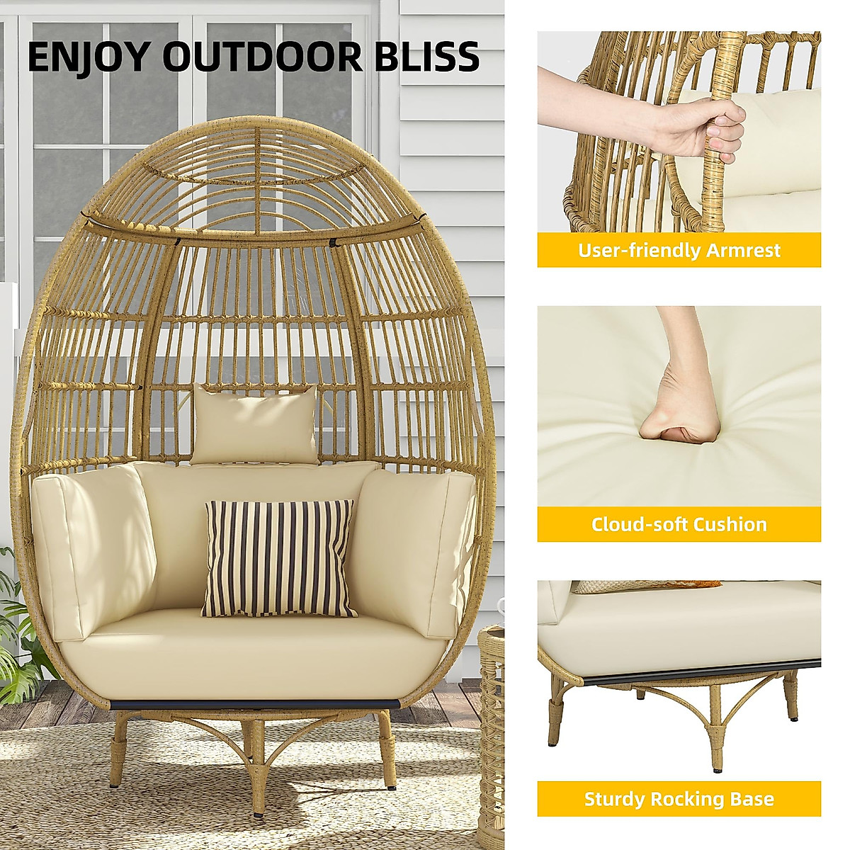 DWVO Outdoor Rotating Egg Chair, Patio Swivel Chair Oversized, 370lb Capacity, Anti-Slip, All-Weather Wicker Egg Lounger Chair for Indoor, Outside (Beige)