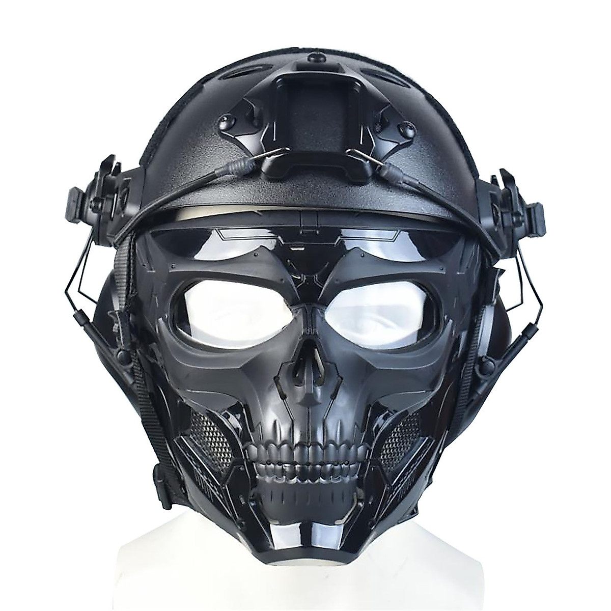 Tactical Full Airsoft Mask & Tactical Helmet with Earmuffs Ear Hearing Protection Noise Cancelling Shooting Ear Protection for Cosplay Costume Movie Shooting (Black)