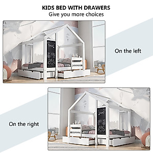 HUMEHA Twin House Bed with Drawers, Kids Platform Bed Frame with Blackboard, Montessori House Bed with Slats and Roof for Teens Girls Boys, 80.1" L x 41.9" W x 72" H, White