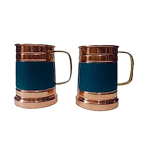 Ornate International 16 Oz Black Matte Moscow Mule Copper Cups and Barrel Mugs, Moscow Mule Mug with Rose Gold Copper Rims, Set of 2 (BLUE)