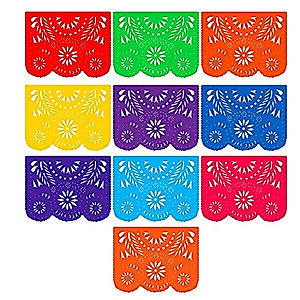 RICO RICO - Plastic Papel Picado 5 Pack, Ideal for a Mexican Fiesta, Mexican Party Decorations, Cinco de Mayo, Mexican Themed Party and Fiesta Party Supplies, 80 Ft Total Long - 10 Unique Designs.