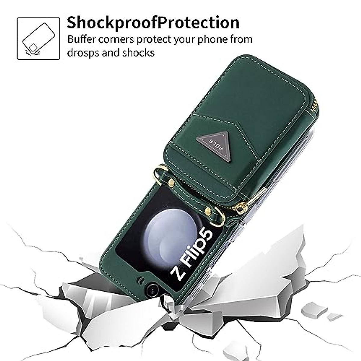 EAXER for Samsung Galaxy Z Flip 5 Case, Shockproof PU Wallet Folding Case Leather Zipper Crossbody Strap Cover (Green)