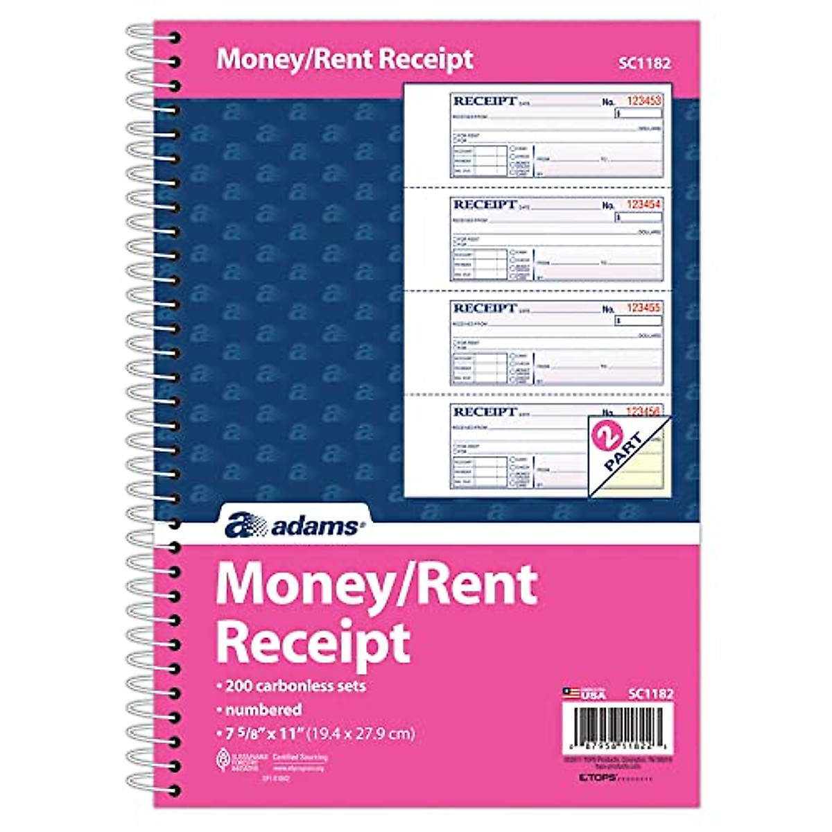 Adams(R) Carbonless 2-Part Spiral Money/Rent Receipt Book, 7 5/8in. x 11in., Book of 200 Sets, SC1182