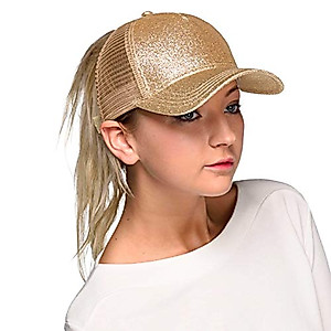 C.C Hatsandscarf Ponytail caps Messy Buns Trucker Plain Baseball Cap (BT-6) (Glitter-Gold)
