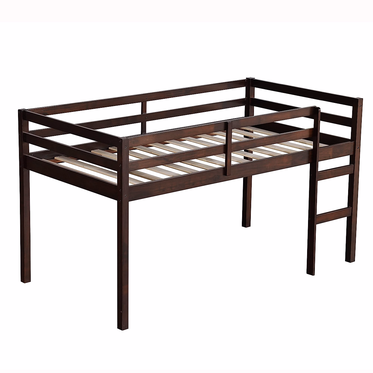 Low Loft Bed Twin Size, Kids Loft Bed with Stairs, Wooden Loft Bed Frame for Kids Boys Girls Toddler, Rubber Wood, Strengthened Slats, Noise Free, Easy Assemble (Espresso)