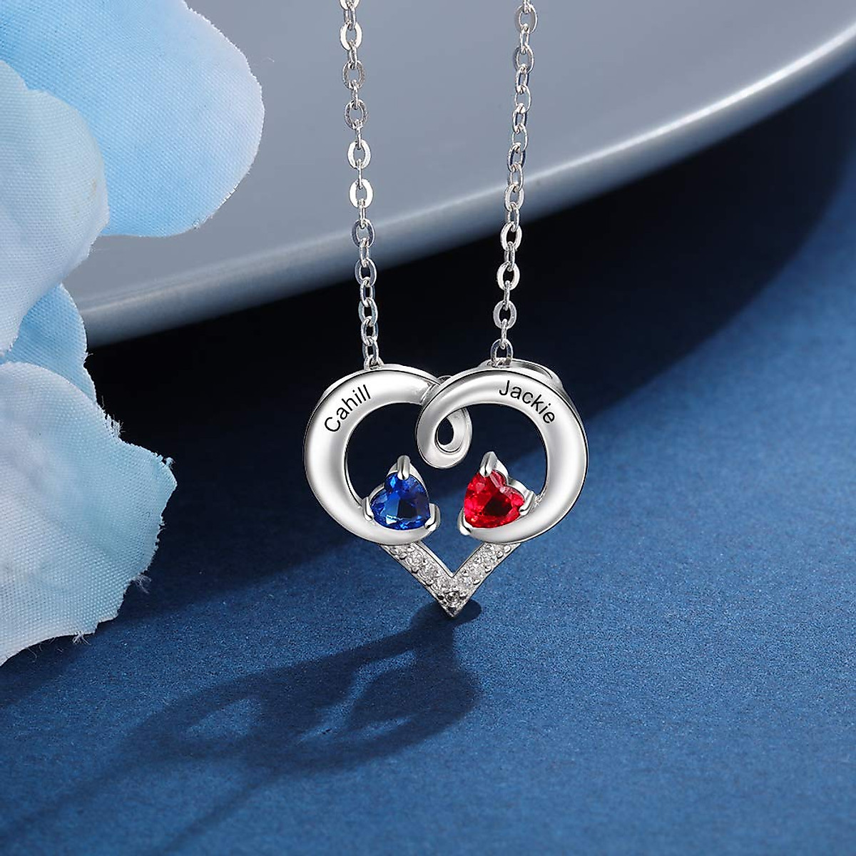 GLAMCARAT Engraved mothers Necklace with 2 Birthstone 2 Names sterling silver Heart shaped pendant Mother Daughter grandma Promise Necklace for Her personalized jewelry for women