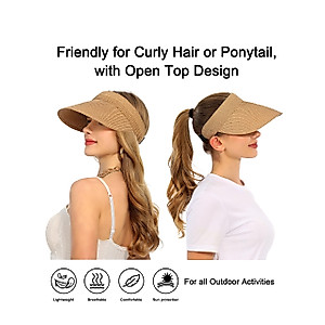 Womens Beach Straw Sun Visor Hat Ponytail Hole UV Protection Wide Brim Summer Cap Packable for Travel UPF 50+(Khaki)