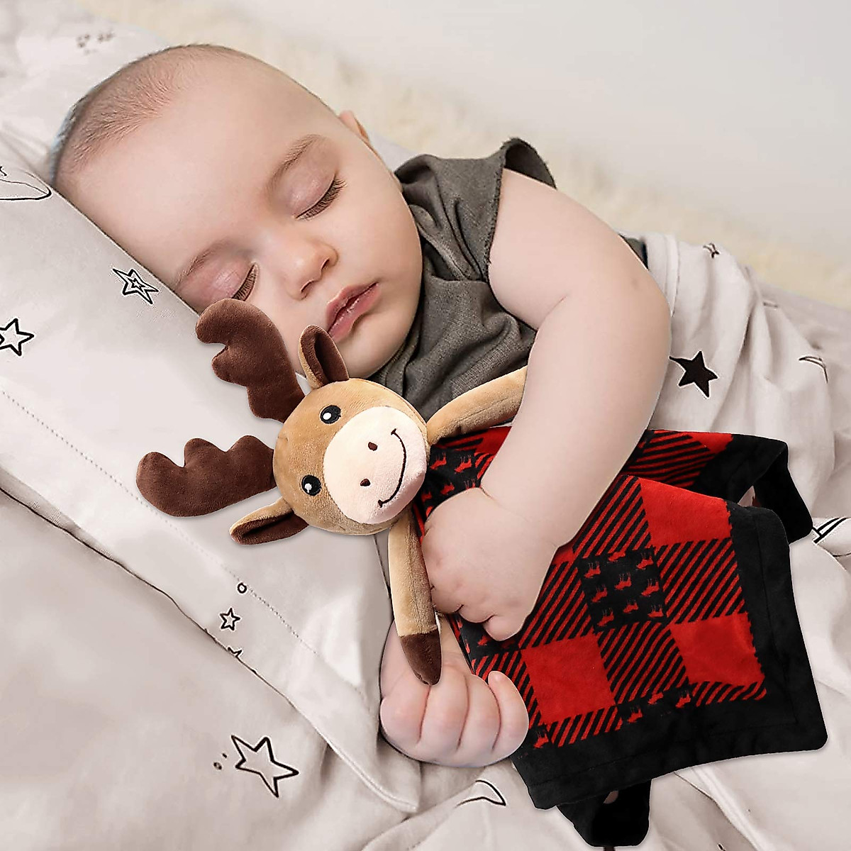 Eunikroko Moose Baby Lovey for Babies Animal Security Blanket Unisex Baby Snuggly Buffalo Plaid Animal Face Soft Bedding Plush Kids Baby Lumberjack Nursery Baby Shower Blanket Gift Ideas