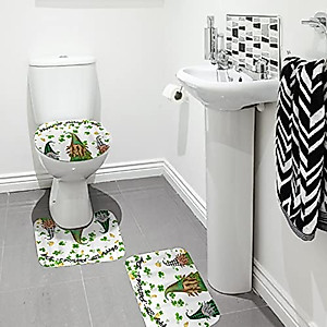 Jlong 4 Pcs St. Patrick's Day Shower Curtain Set with Non-Slip Rugs, Toilet Lid Cover Bath Mat, Lucky Green Leaves Irish Gnomes Elf Shower Curtain with Hooks, Farmhouse Spring Holiday Bathroom Decor