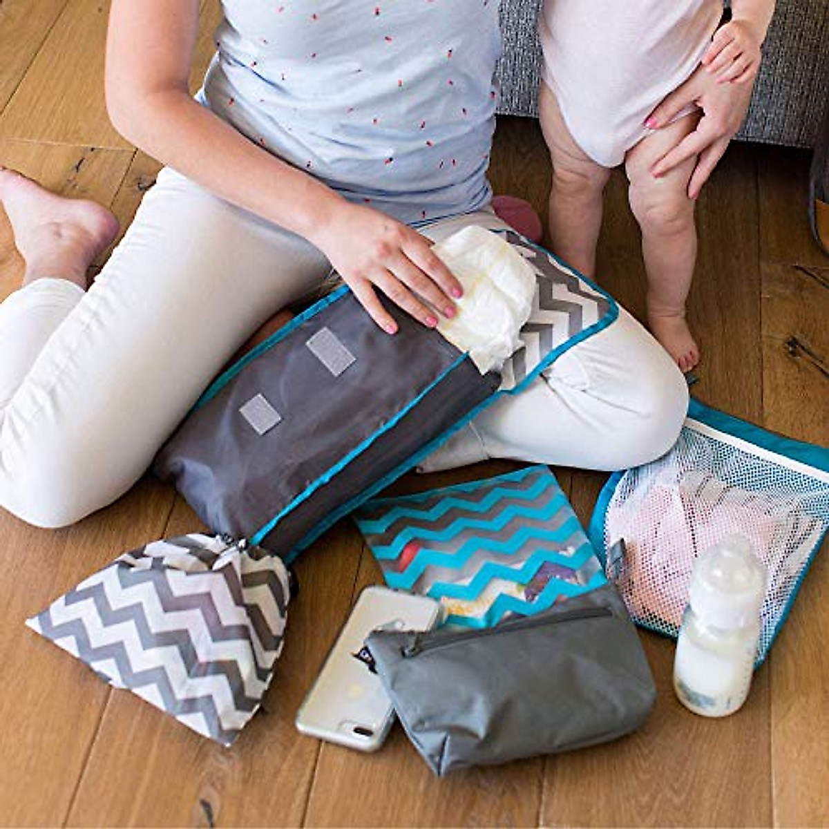 J.L. Childress Diaper Bag Organizer - Set of 5 Pouches - Organizing Pouches for Diaper Bag, Purse, Backpack - Clutch with Wrist Strap, Wet Bag, Food Pouch and More - Grey/Chevron
