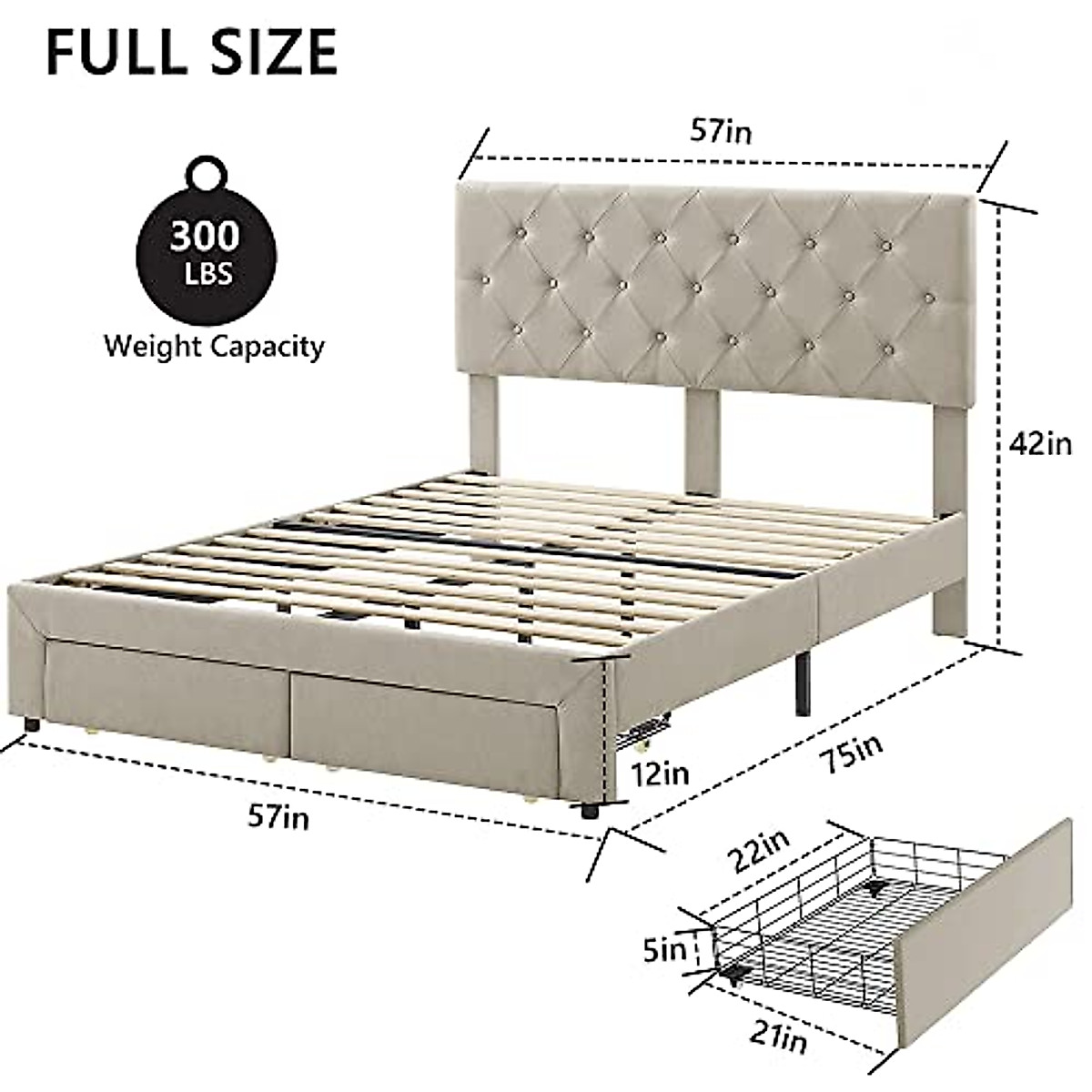 GOOD & GRACIOUS Beige Full Size Bed Frame, Platform Bed with Upholstered & Tufted Headboard and Frame with Storage Drawers