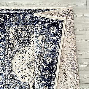 Persian-Rugs Distressed Ivory 5x7 Area Rug, Blue French Country Rug for Living Room and Kitchen