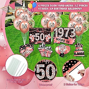 Rose Gold 50th Birthday Decorations for Women 6Pcs 50th Birthday Yard Signs Made in 1973 Lawn Sign & 18Pcs Rose Gold 50th Birthday Balloons for 50 Years Old Party Anniversary Outdoor Decor Supplies