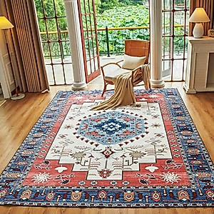 CHOSHOME Washable Rug - 5x7 Vintage Medallion Area Rugs with Non-Slip Backing Soft Stain Resistant Non-Shedding Low-Pile Floor Carpet Mat for Living Room Bedroom Kitchen Home Office,Red