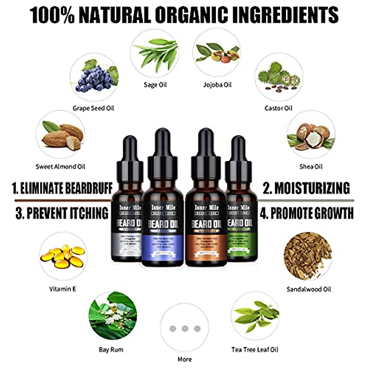 ISNER MILE Beard Oil 4 Pack, Stocking Stuffers Gifts for Him Dad Boyfriend, Mustaches Soften, Moisturize, Strength and Growth with Sandalwood, Bay Rum, Cologne, Unscented, Beard Maintenance Treatment