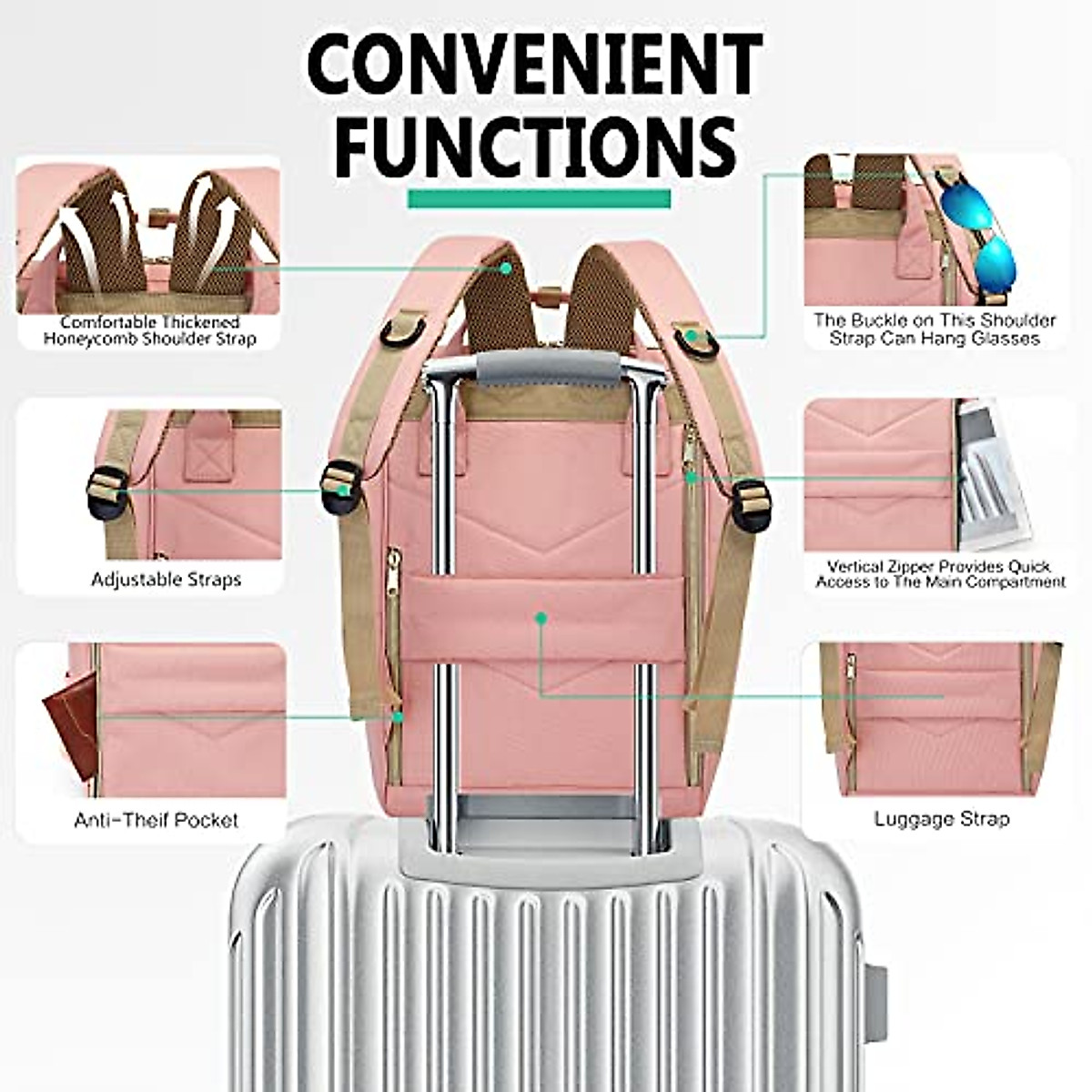 Bebowden Travel Laptop Backpack for Women College Bag Business Work Anti Thef Water Resistant Casual Daypack Fits 14 Inch Laptop Pink