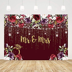SENDY 7x5ft Burgundy Floral Mr & Mrs Backdrop Engagement Party Decorations for Couples Wedding Bride and Groom Engaged Ceremony Anniversary Bridal Shower Banner Gold Photography Background Photo Props