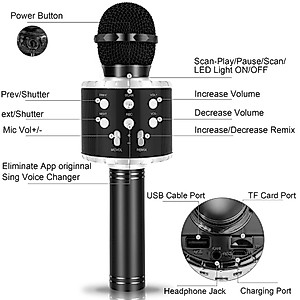 Winique Karaoke Machine for Kids, Bluetooth Mini Karaoke Machine with LED Lights, Christmas & Birthday Gift for All Ages 3 4 5 6 7 8 9 10+ Year Old Girls & Boys, Singing Anytime Anywhere(Black)