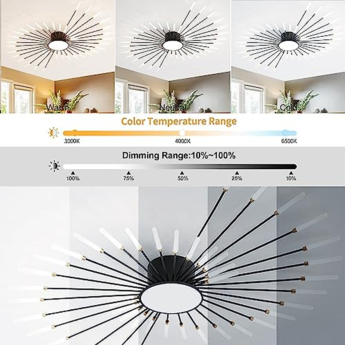 51 Inch Dimmable LED Ceiling Light Fixture,42 Lights Ceiling Lights Flush Mount Chandelier Black Indoor Lighting for Living Room,42W+12W Firework Deco Close to Ceiling Light with Remote Control