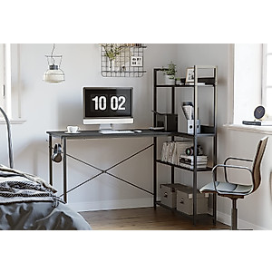 CubiCubi Computer Corner Desk with Storage Shelves, 47 Inch Reversible Small L Shaped Computer Desk, Home Office Writing Desk with 2 Hooks, Black