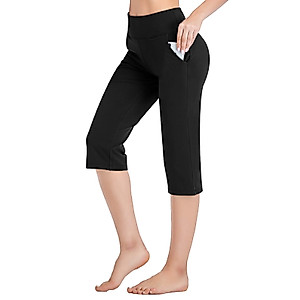 RIMLESS 7 Women's Capri Pants with Pockets Lounge Crop Yoga Pants Tummy Control Stretch Workout High Waist Athletic Pants P03-Black-L
