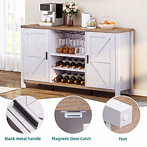 YITAHOME Farmhouse Coffee Bar Cabinet, Barn Doors Liquor Cabinet with Storage, 55'' Sideboard Buffet Kitchen Storage Cabinet with Wine Racks and Glass Holders for Kitchen, Dining Room, Antique White
