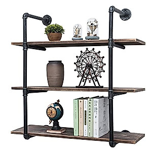 Industrial Pipe Shelving Wall Mounted,36in Rustic Metal Floating Shelves,Steampunk Real Wood Book Shelves,Wall Shelf Unit Bookshelf Hanging Wall Shelves,Farmhouse Kitchen Bar Shelving(3 Tier)