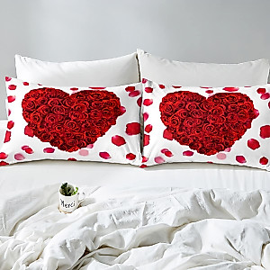 Red Heart Duvet Cover Set Queen Size,Rose Floral Petals Bedding Set 3pcs for Man Woman Adult Room Decor, Valentine's Day Gift Comforter Cover Wedding White Romantic Quilt Cover with 2 Pillowcases