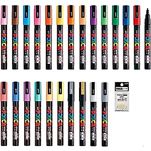 Posca Marker Acrylic Paint Pens Fine Point Tip width 0.9-1.3mm 24 colors PC-3M, For Rock Painting, Fabric, Glass Paint, Metal Paint Including Pens Tip Refill PCR-3