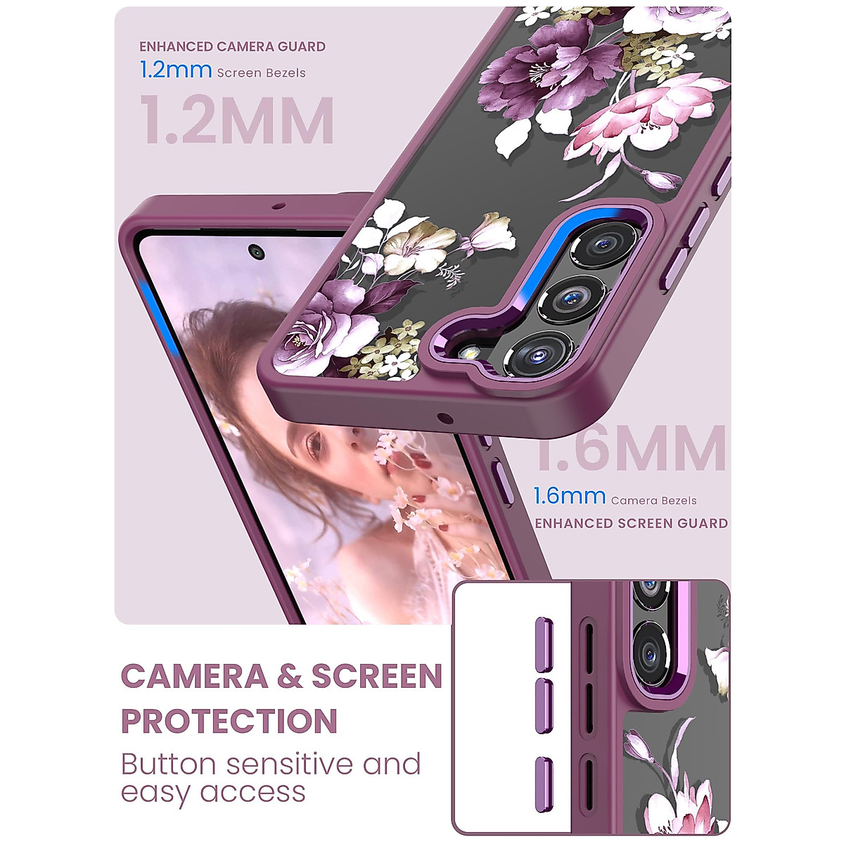 Dretal for Samsung Galaxy S22 5G Case Floral, Military Grade Drop Tested Hard Back & Soft Edge Slim Flower Women Girls Phone Protective Cover + Tempered Glass Screen Protector for Galaxy S22 (Purple)